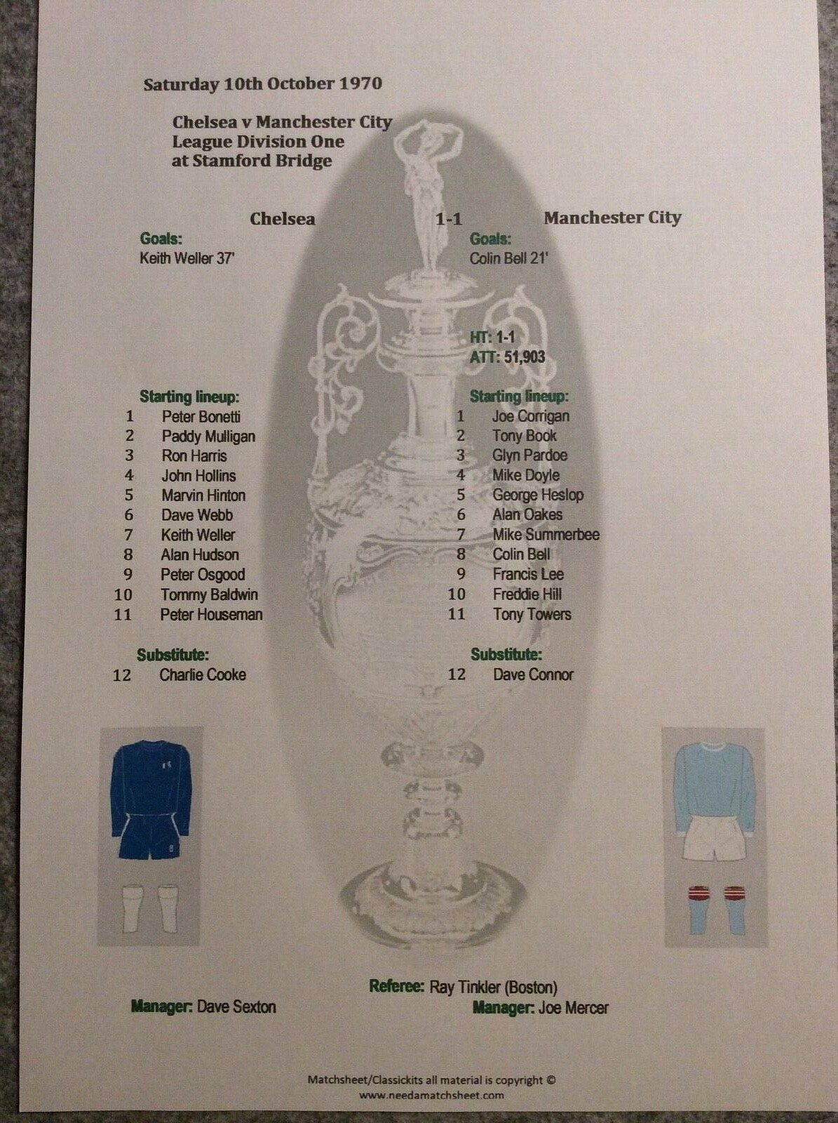 1970-71 Chelsea v Manchester City Division 1 Matchsheet