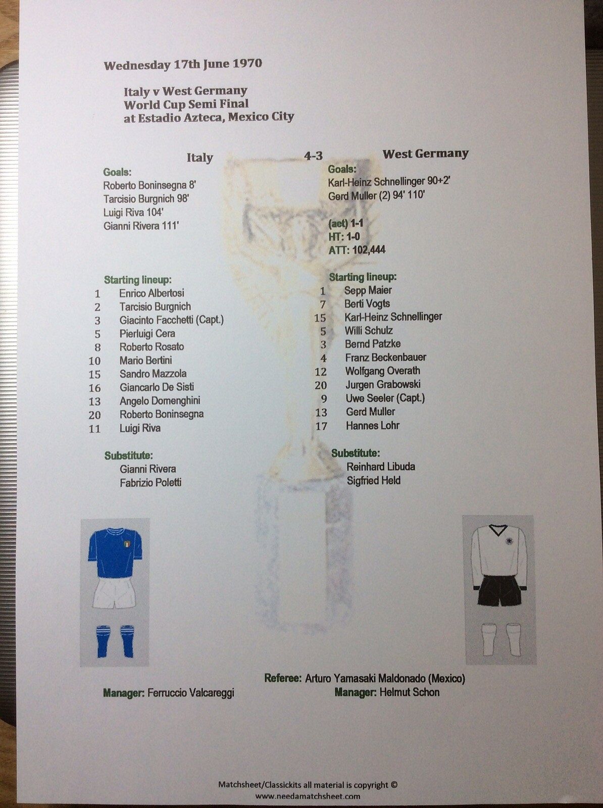 1970 West Germany v Italy World Cup Semi Final Matchsheet